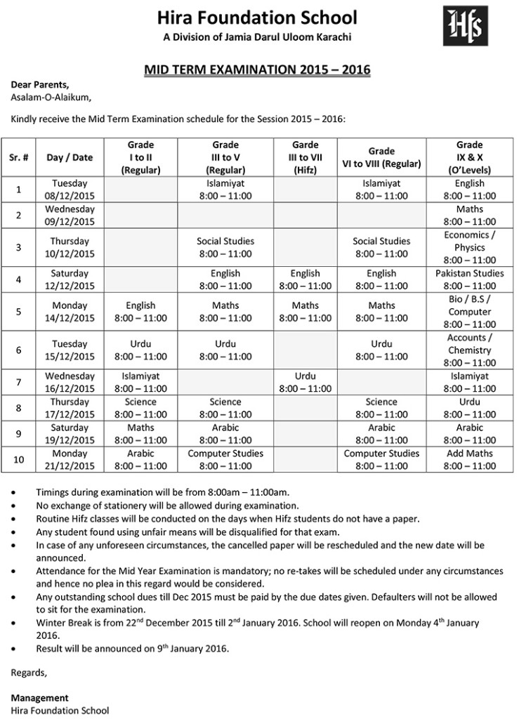 Time Table Mid Year Examination 2015-2016